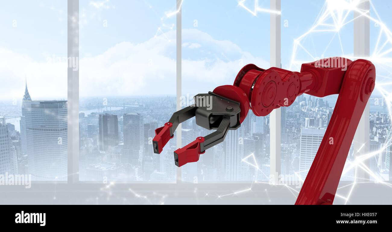 Digital composite of Red robot claw against white interface and window ...