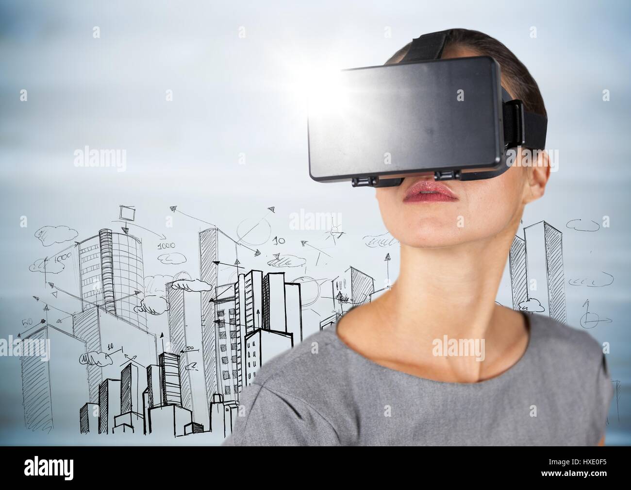 Digital composite of Woman in VR with flare against buildings sketch ...