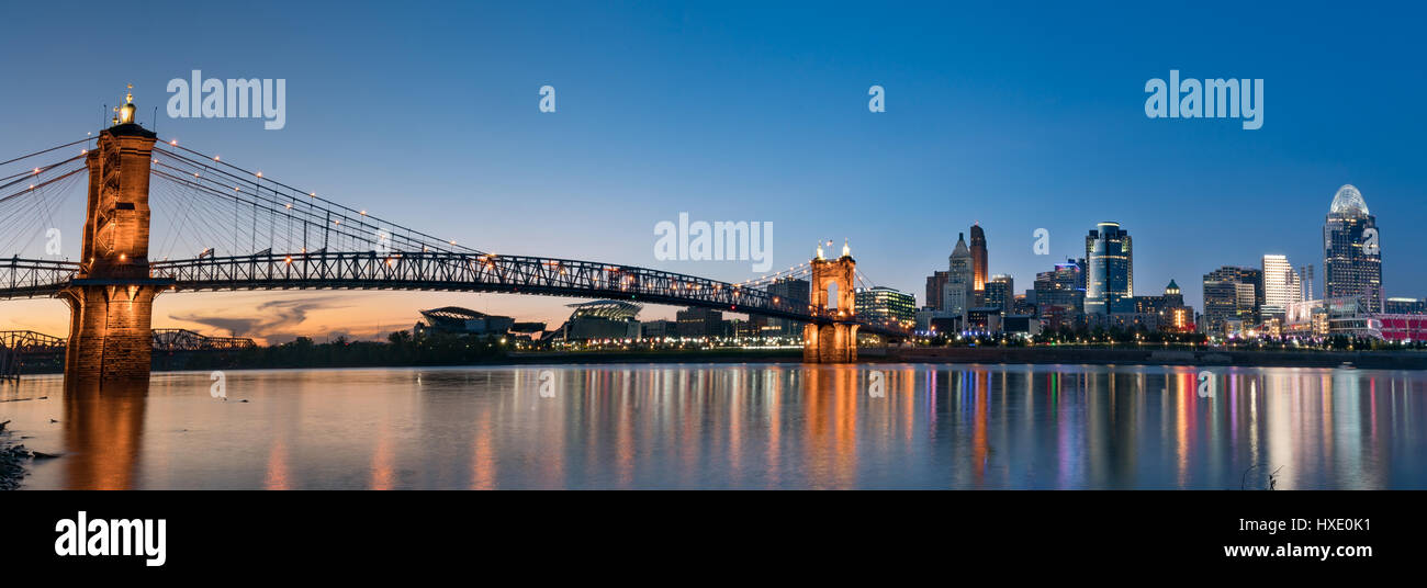 John A. Roebling Suspension Bridge and Cincinnati skyline at night from ...