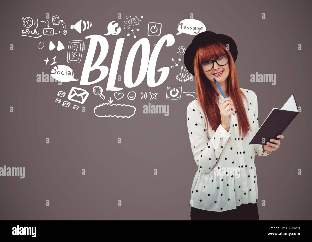 Digital composite of Woman with notepad and blog graphic icon drawings ...