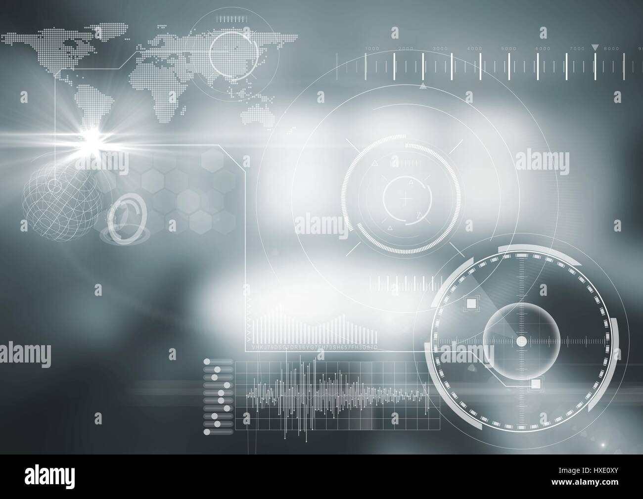 Digital composite of White interface with flare against blurry grey ...