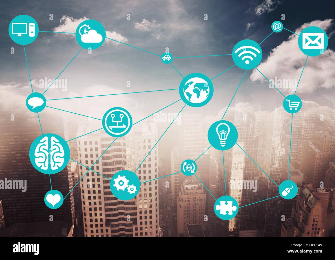 Digital composite of Teal network against blurry skyline with clouds ...