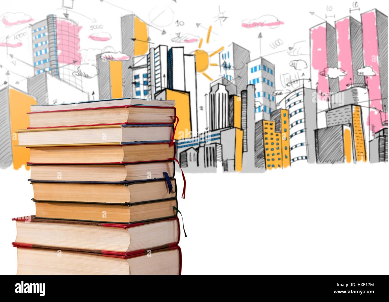 Digital composite of Books stacked by fun buildings drawings Stock ...