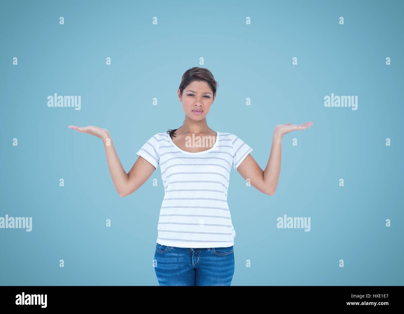 Digital composite of Woman deciding or choosing with open palms hands ...