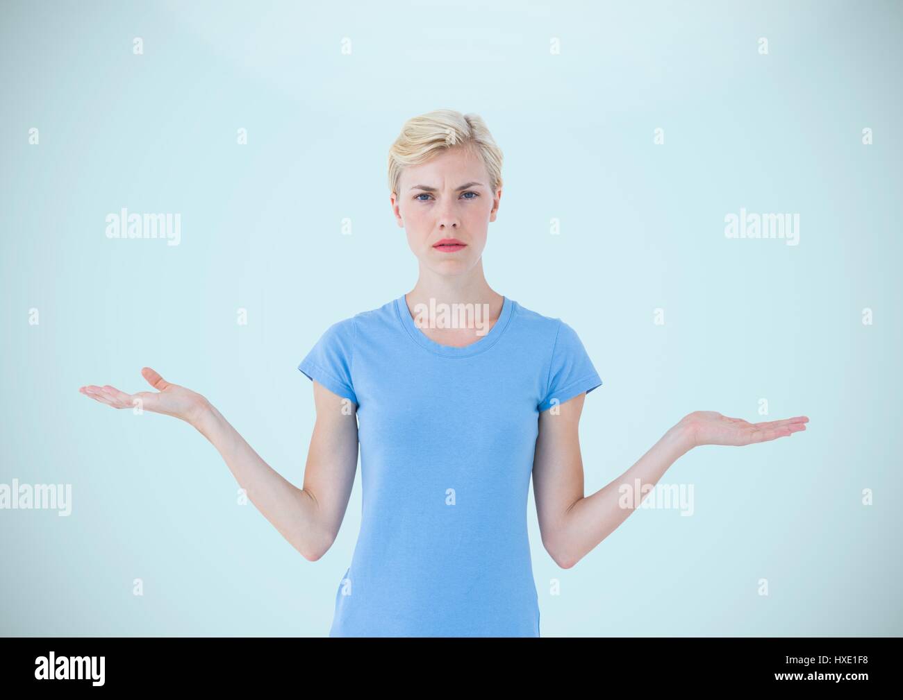 Digital composite of Woman choosing or deciding with open palm hands ...
