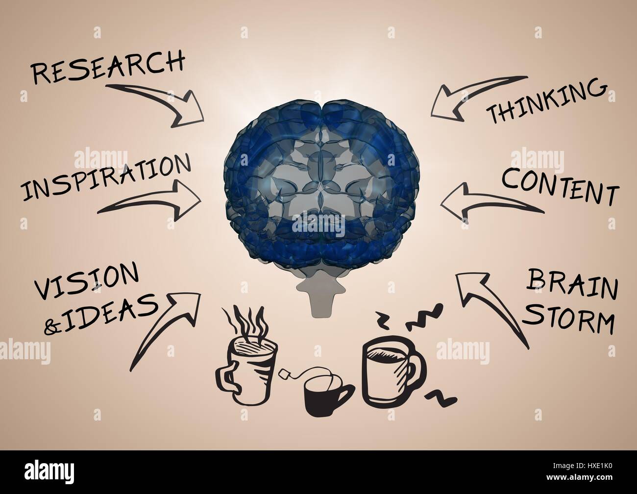 Digital composite of Blue brain with black design doodles against cream ...