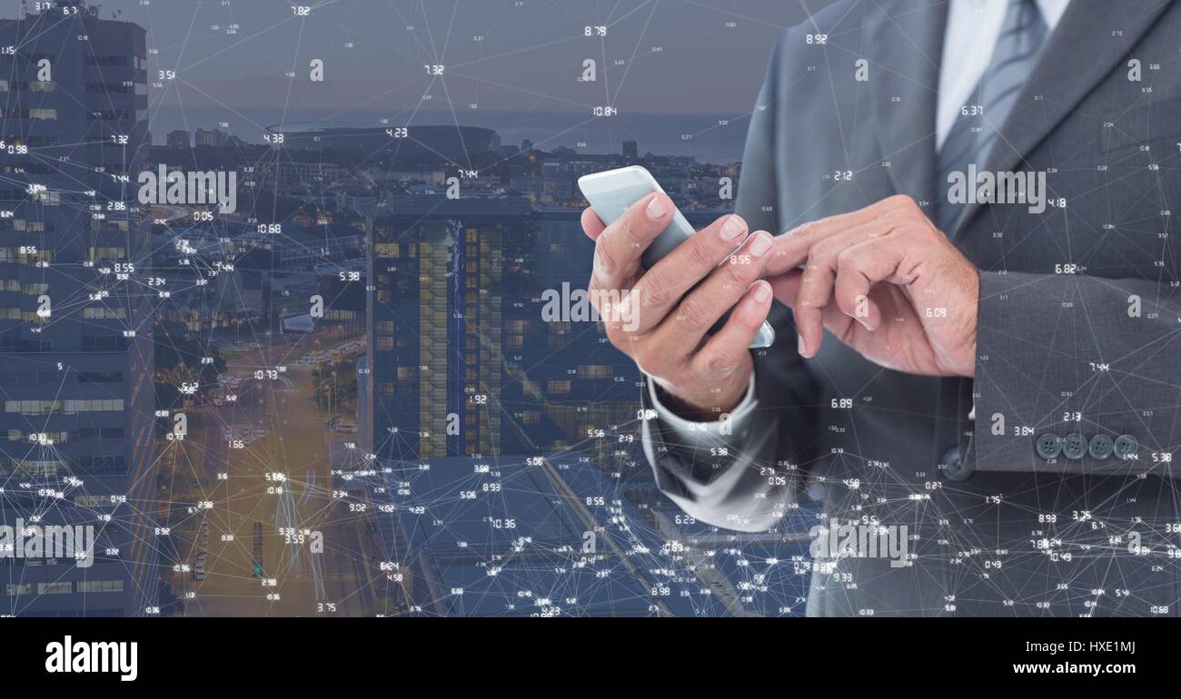Digital composite of Man touching phone against Night city with ...