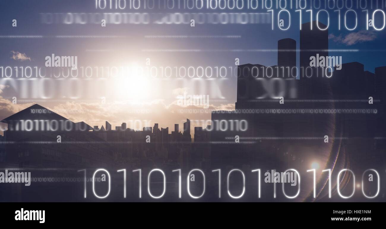 Digital composite of White binary code against dark skyline Stock Photo ...