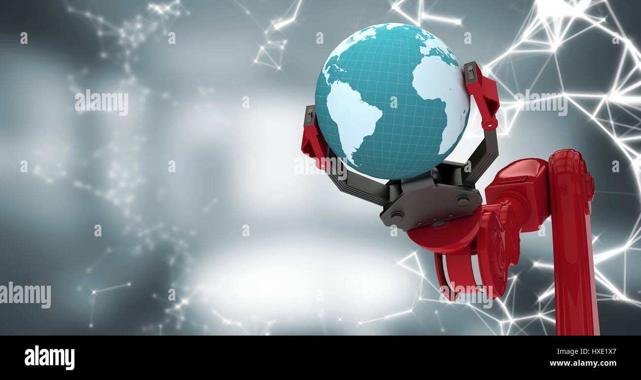 Digital composite of Red robot claw with globe and white interface ...