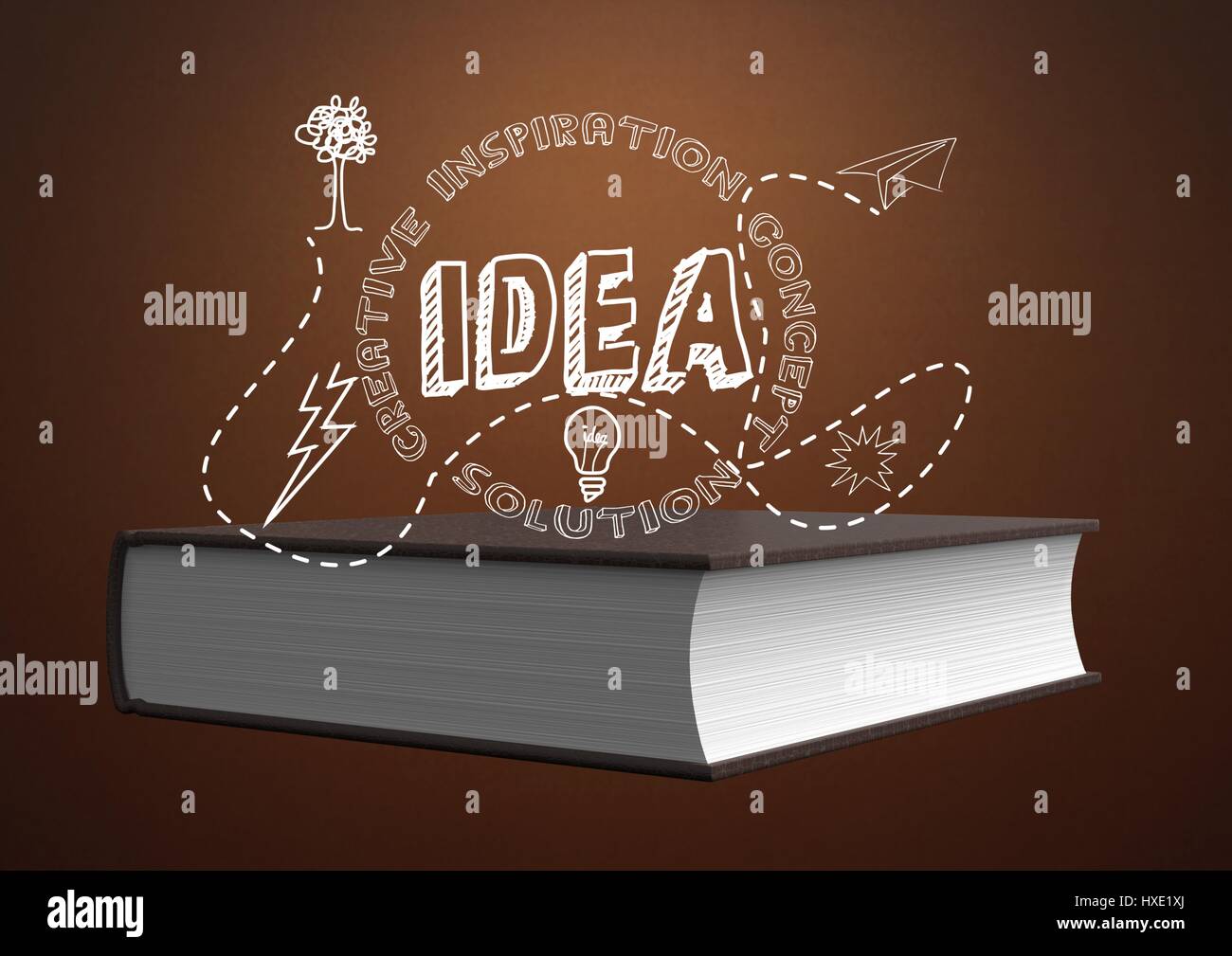 Digital Composite Of Idea Illustration Text In Front Of Book Against Brown Background Stock 