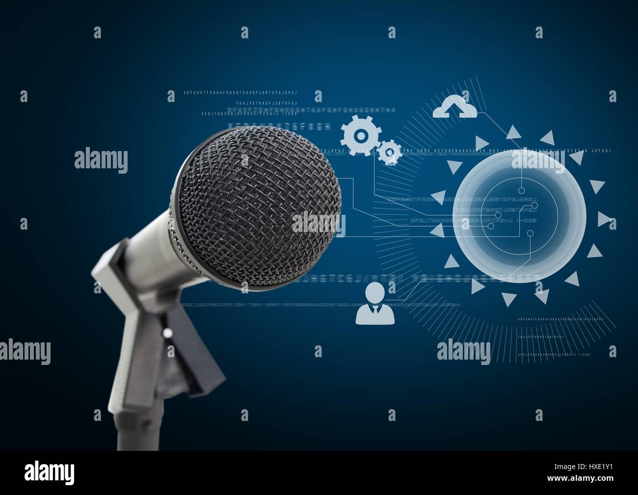 Digital composite of Microphone against blue background with technology ...