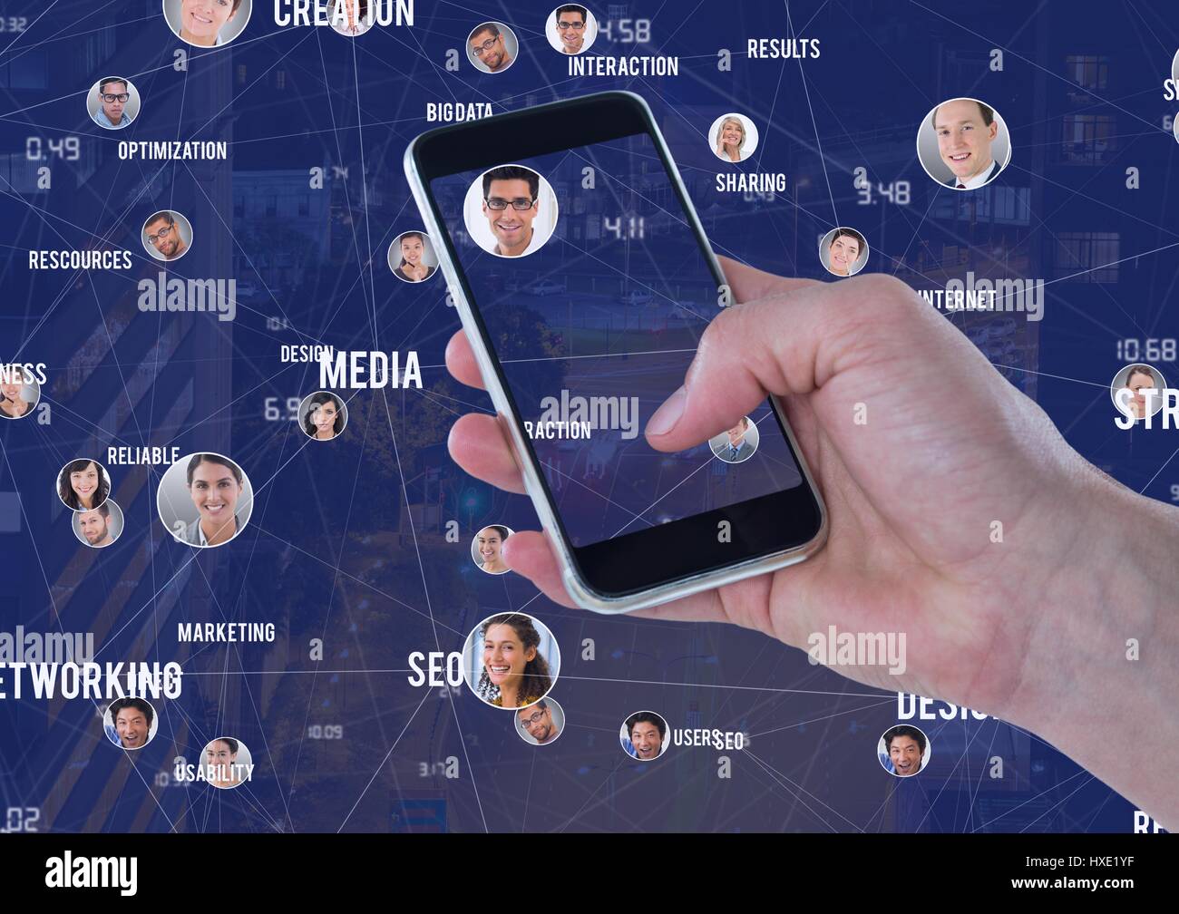 Digital composite of Hand holding phone against Night city with ...