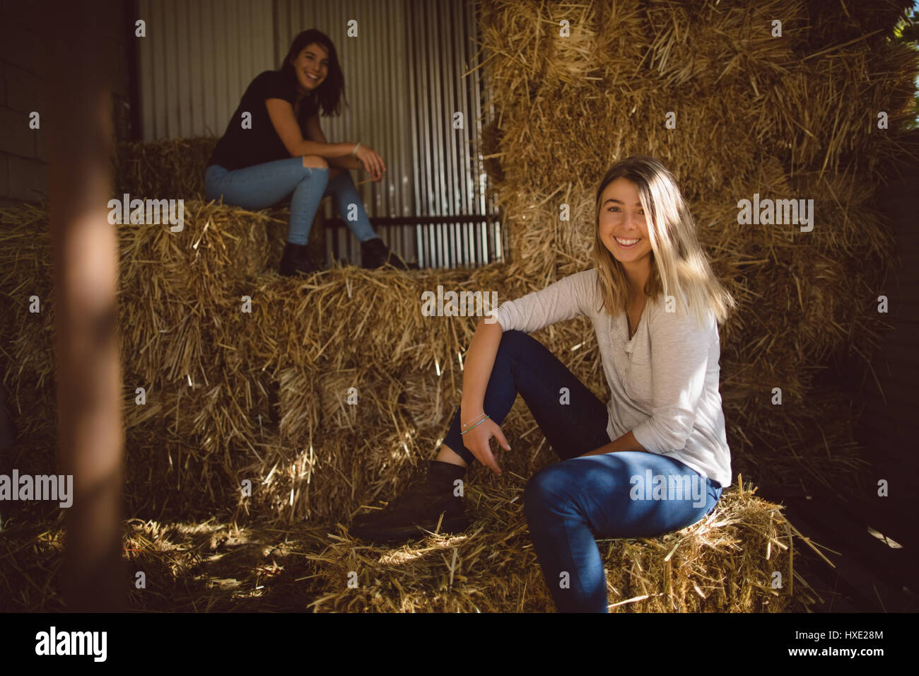 Portrait of beautiful women sitting on hay in stable Stock Photo - Alamy