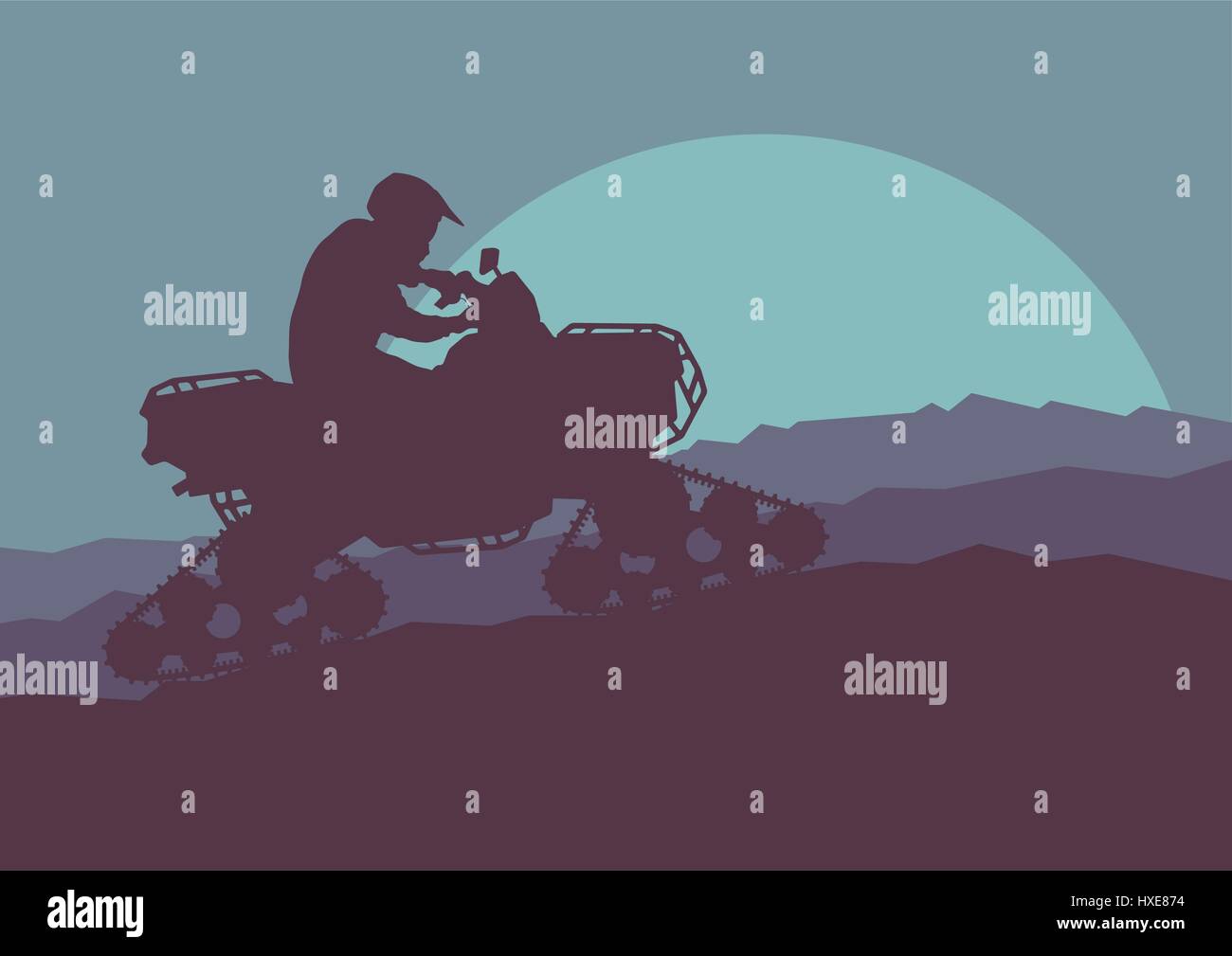 All terrain vehicle with chains driving in snow and mud landscape ...