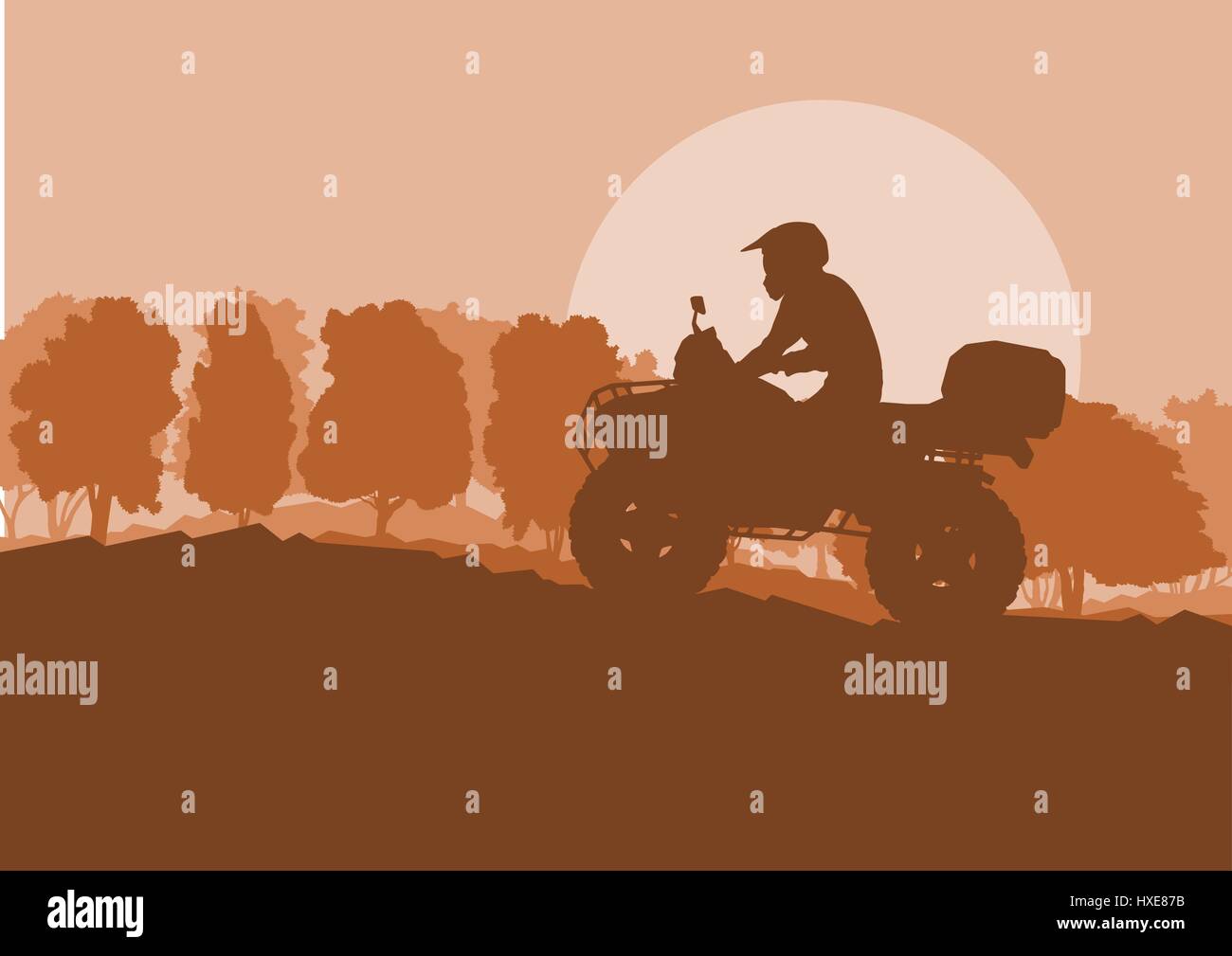 All terrain vehicle driver landscape with trees outdoor activity vector ...