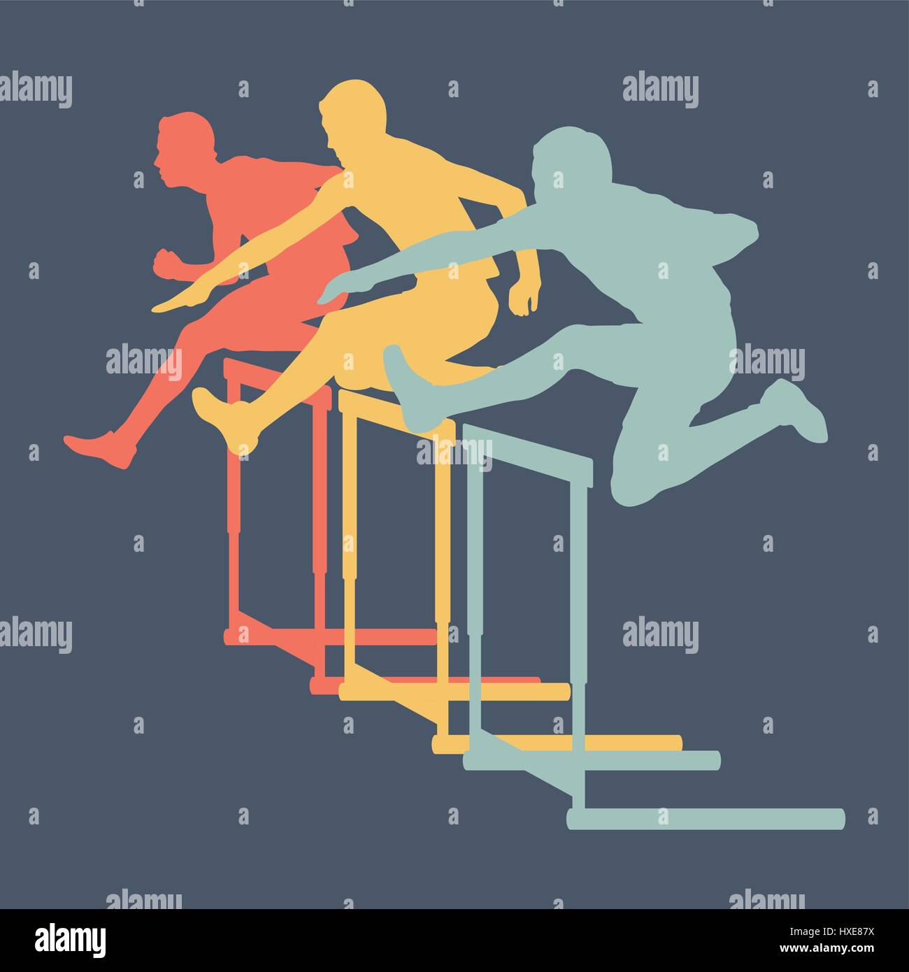 Hurdle race man jumping over obstacle retro color vector background ...