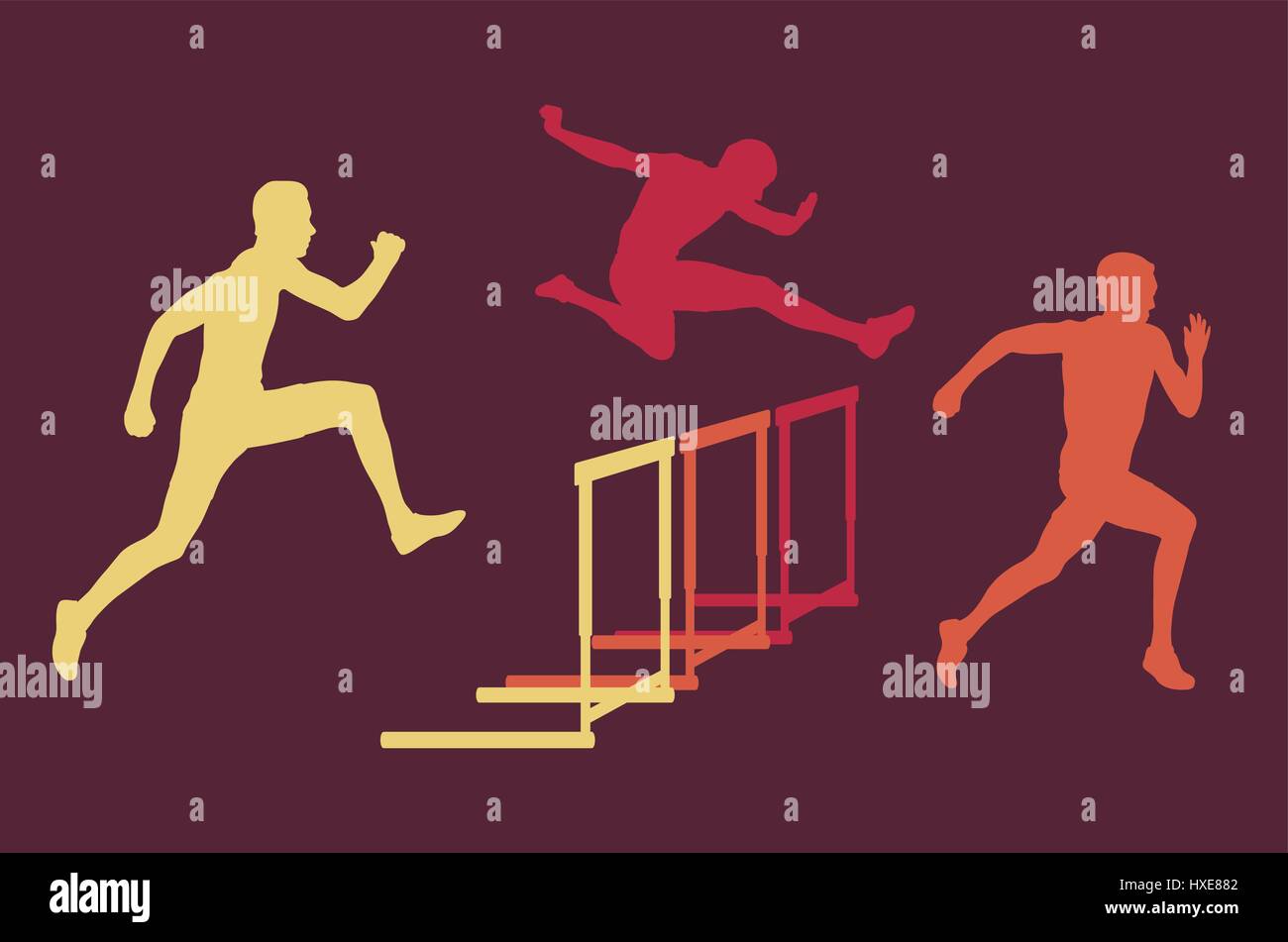 Hurdle race man jumping over obstacle retro color vector background ...