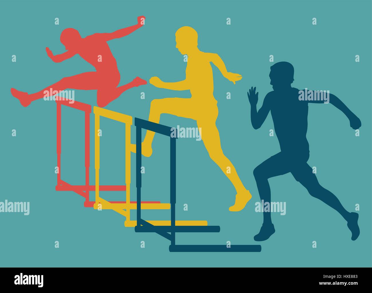 Hurdle race man jumping over obstacle retro color vector background ...