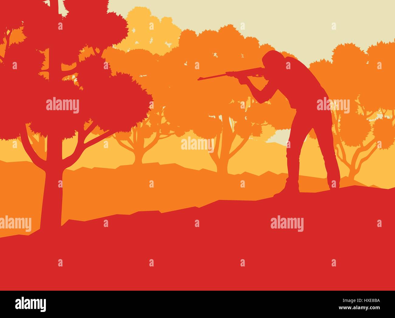 Hunter with gun with forest trees landscape vector background Stock ...