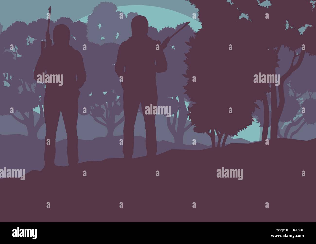 Hunter with gun with forest trees landscape vector background Stock ...
