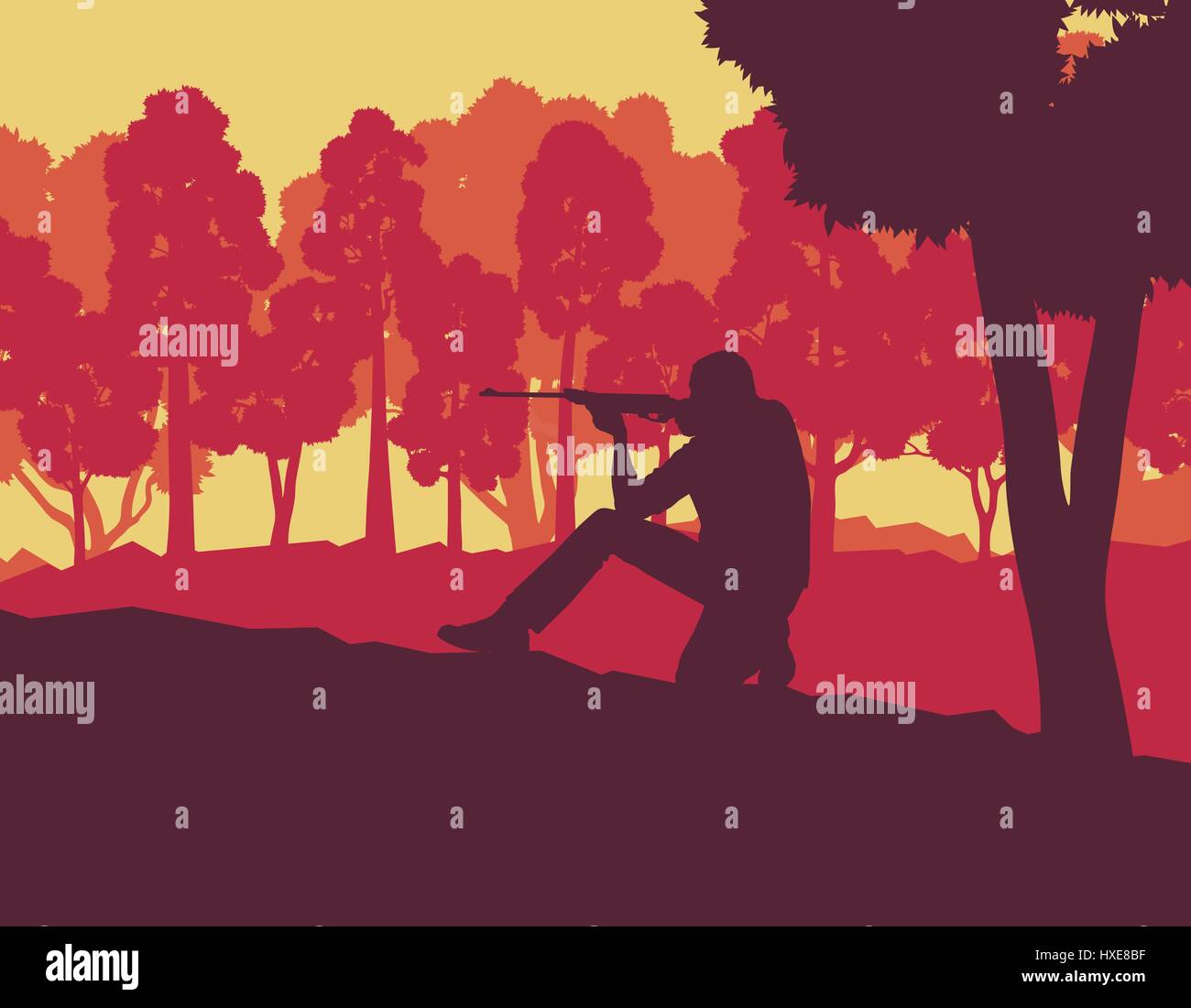 Hunter with gun with forest trees landscape vector background Stock ...