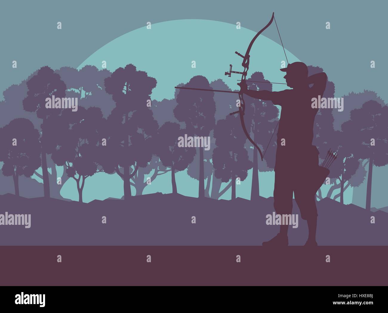 Archer man with bow outdoor training in front of forest trees vector ...