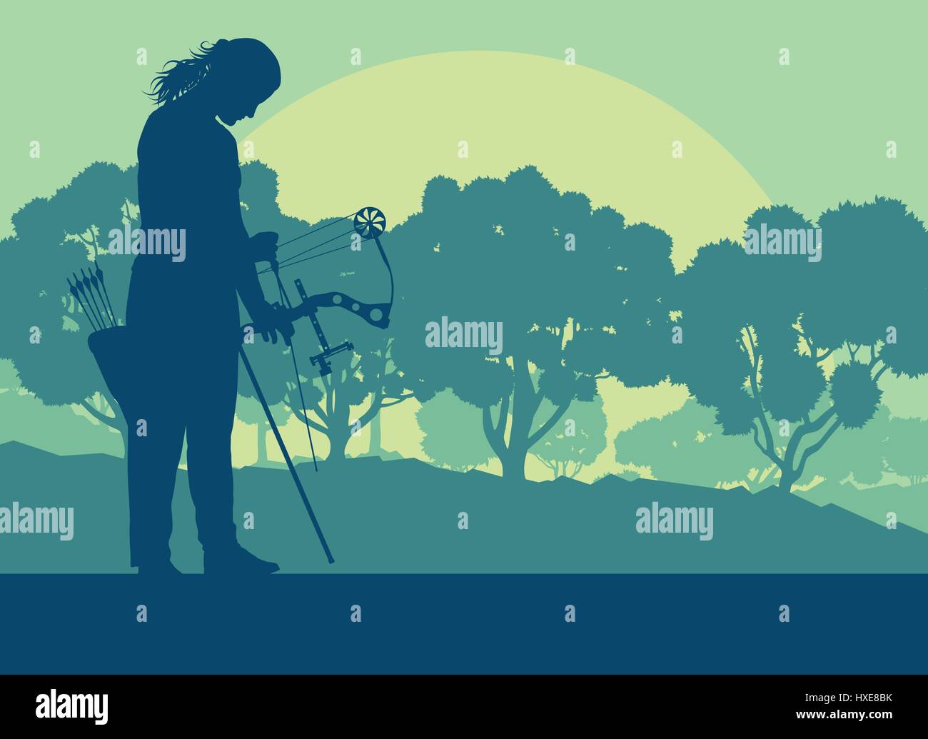 Archer man with bow outdoor training in front of forest trees vector ...