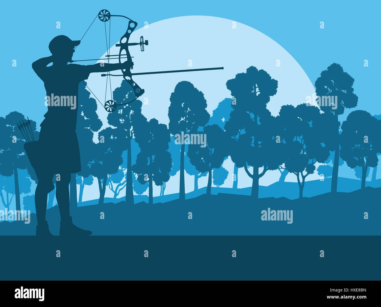 Archer man with bow outdoor training in front of forest trees vector ...