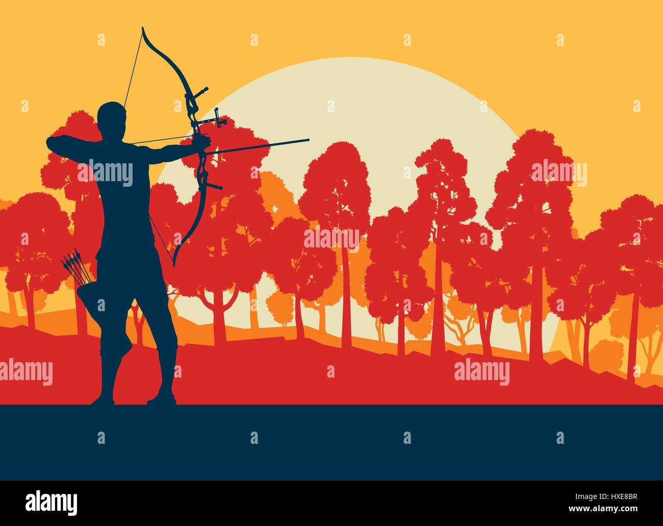 Archer man with bow outdoor training in front of forest trees vector ...
