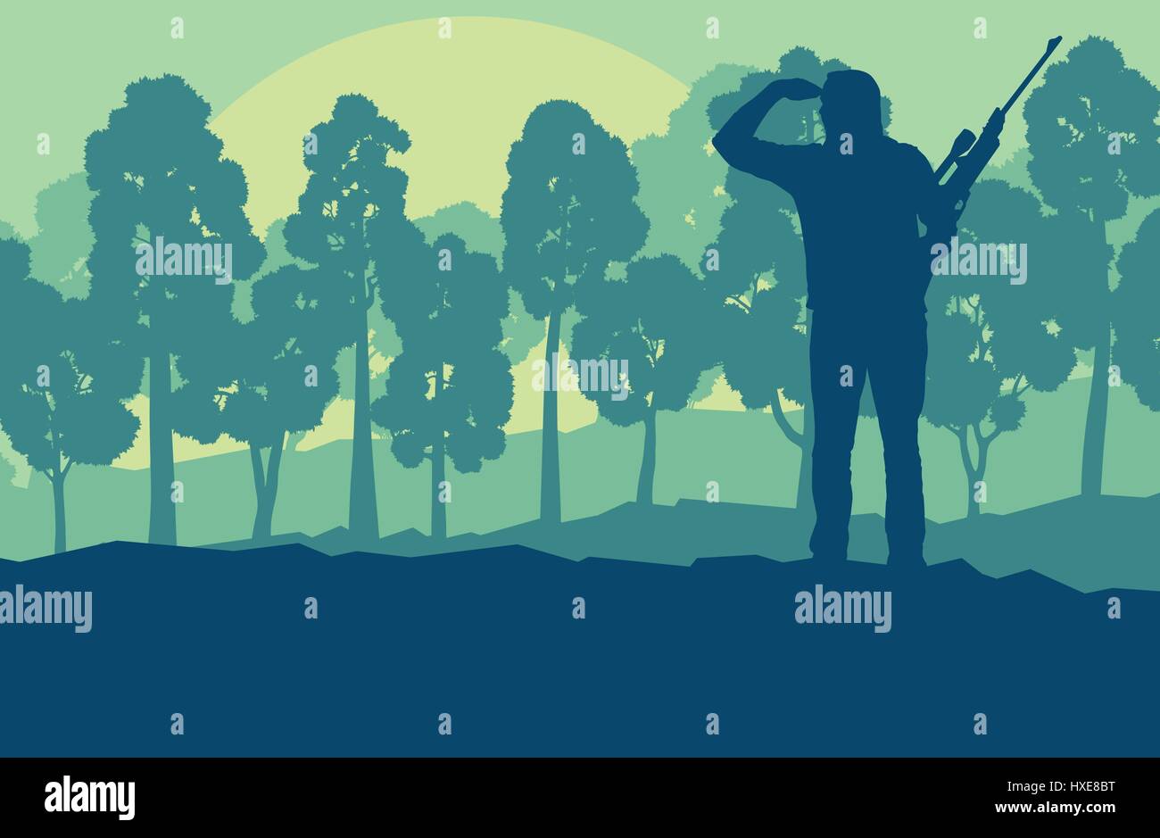 Hunter with gun with forest trees landscape vector background Stock ...