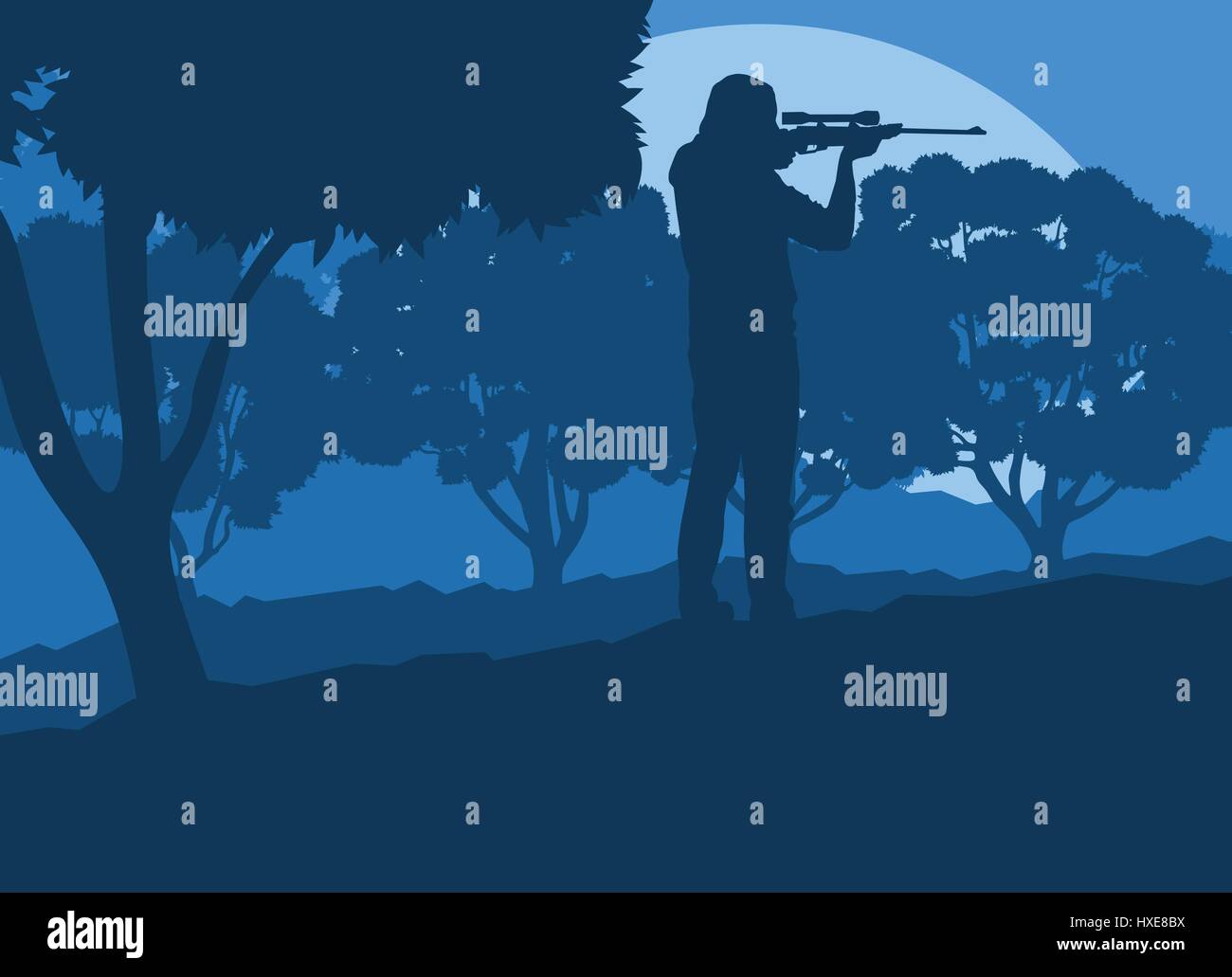 Hunter with gun with forest trees landscape vector background Stock ...