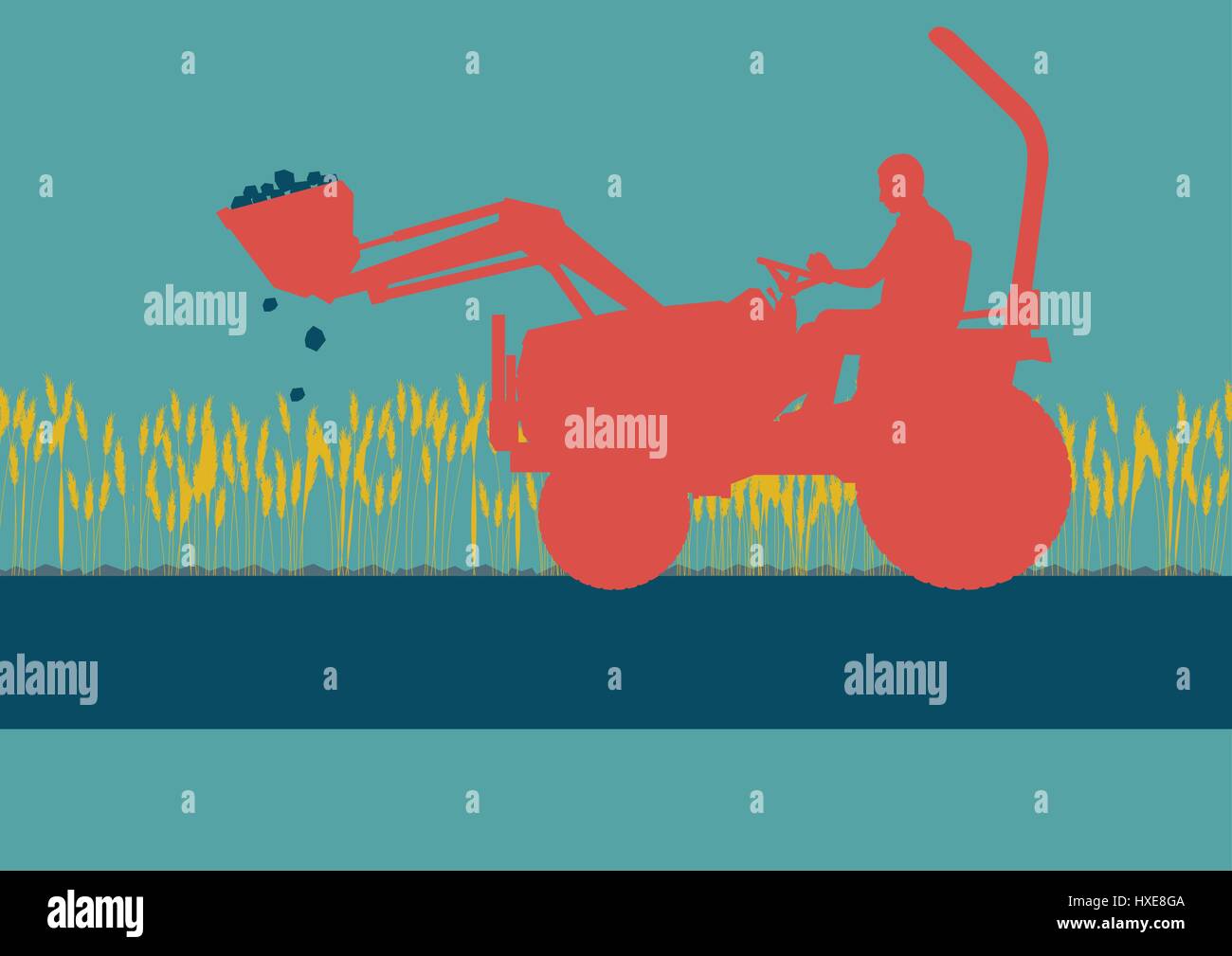 Farm tractor with worker inside cabin working in field vector ...