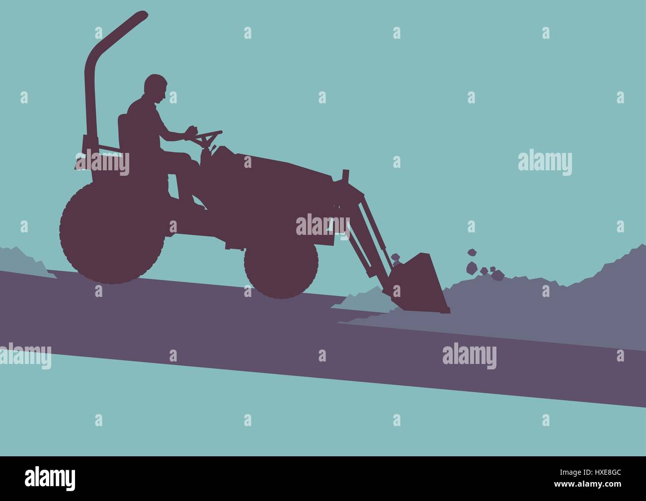 Farm tractor with worker inside cabin working in field vector ...