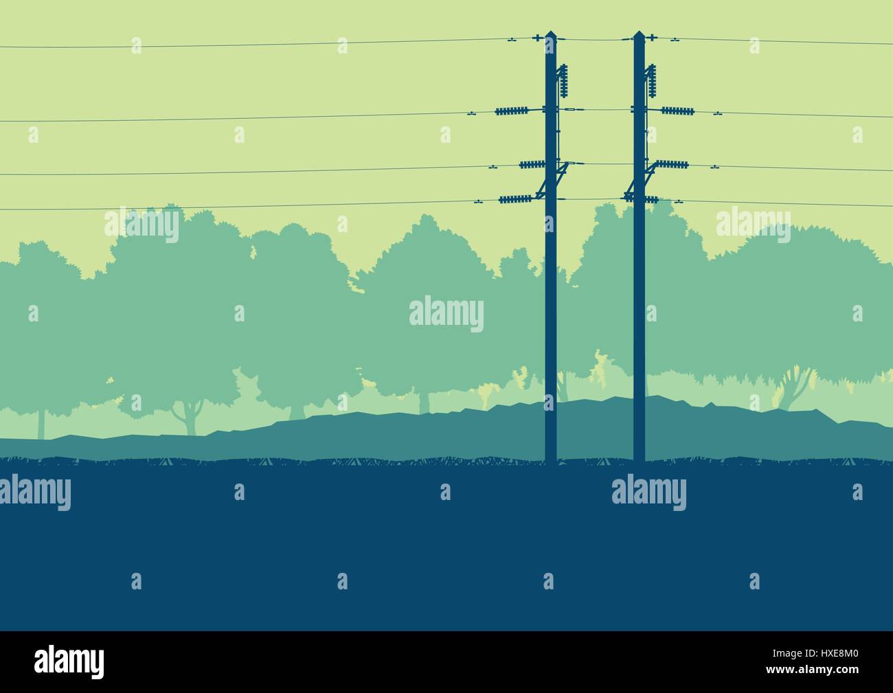Energy distribution high voltage power line tower sunset landscape with ...