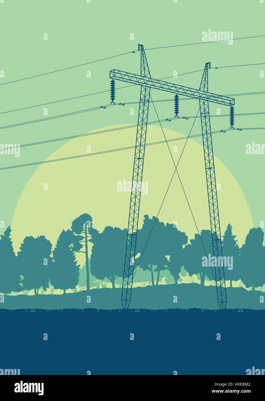 Energy distribution high voltage power line tower sunset landscape with ...