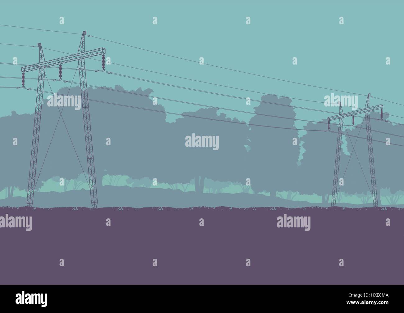 Energy distribution high voltage power line tower sunset landscape with ...