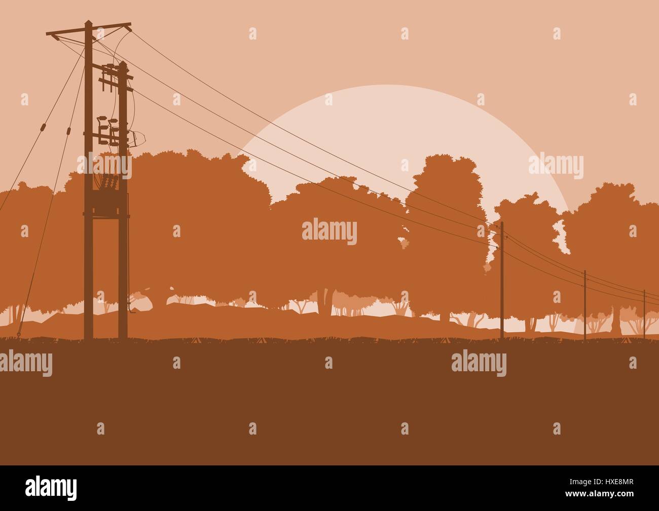 Energy distribution high voltage power line tower sunset landscape with ...