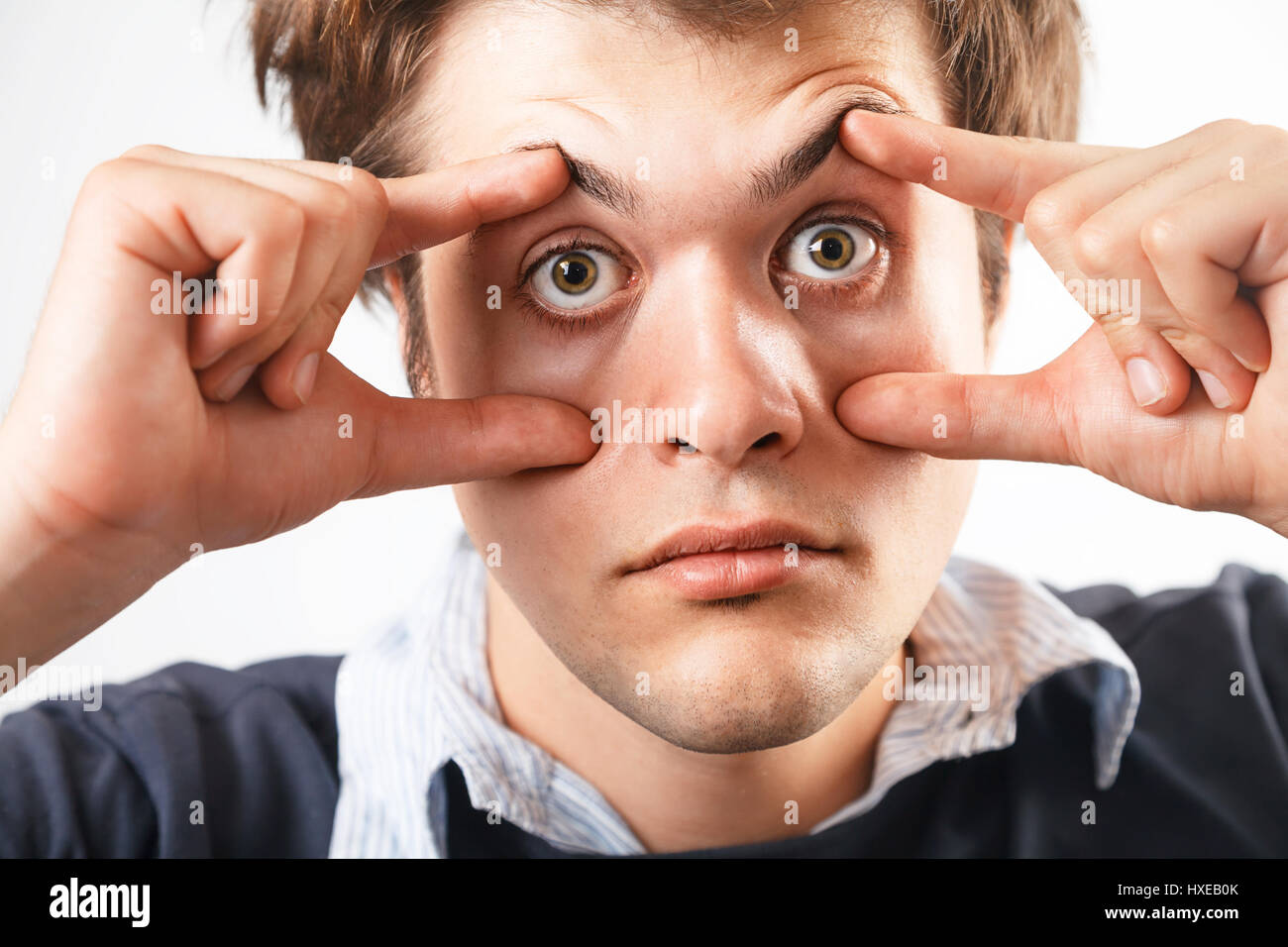 Eyes Open. Tired Awake Young Man Stock Photo - Alamy