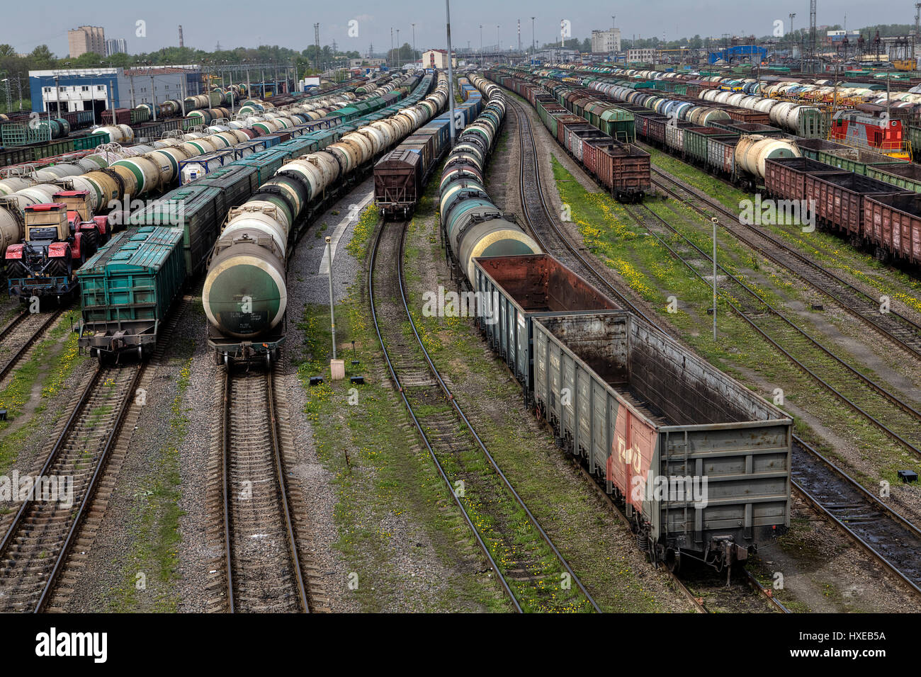 St. Petersburg, Russia - May 22, 2015: Oil tank and trains on railroad ...