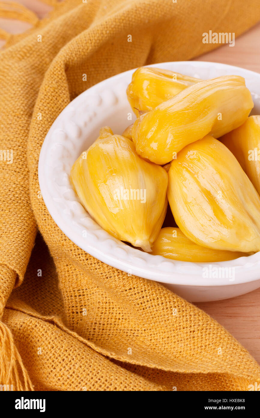 Tropical fruit Jackfruit (jakfruit, jack, jak) in bowl. Selective focus ...