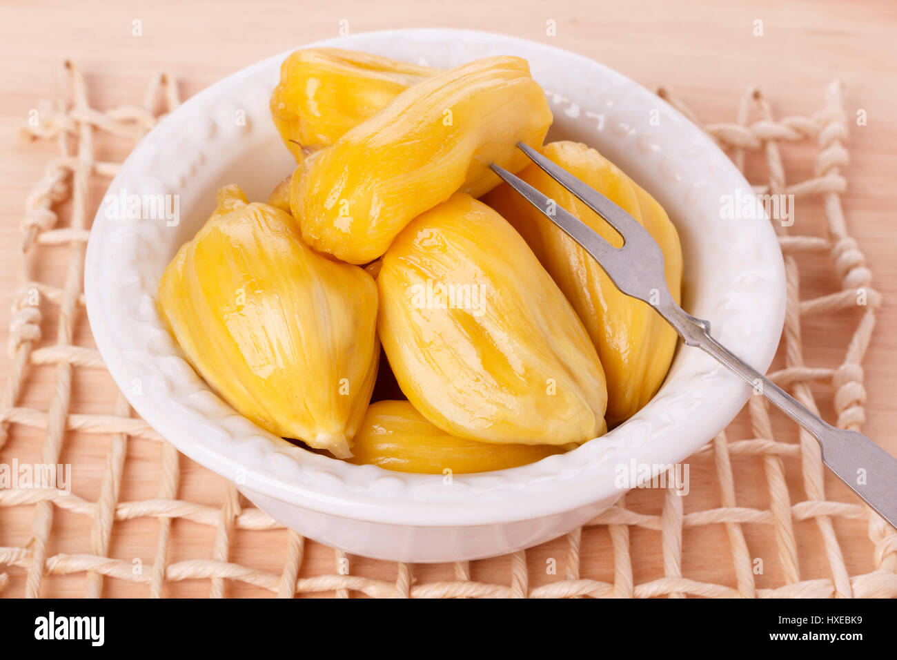 Tropical fruit Jackfruit (jakfruit, jack, jak) in bowl. Selective focus ...
