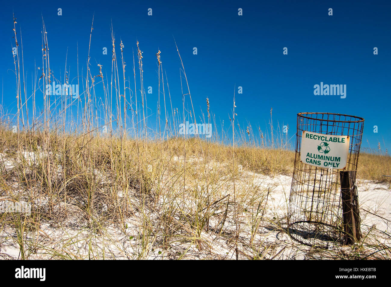 Beach habitat and recycle bin Stock Photo - Alamy