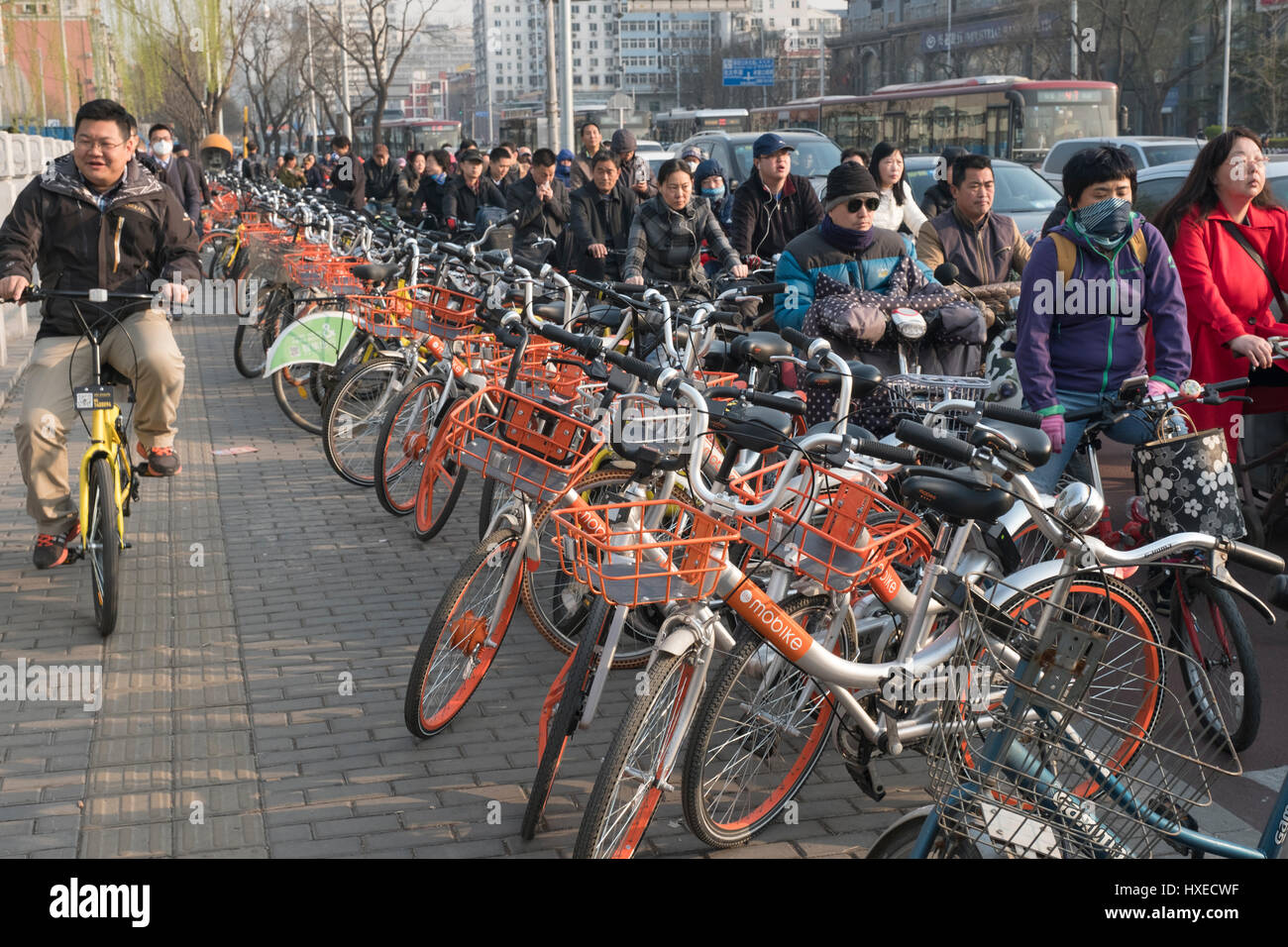 People ride bicycles in the early morning in Beijing, China. More and ...
