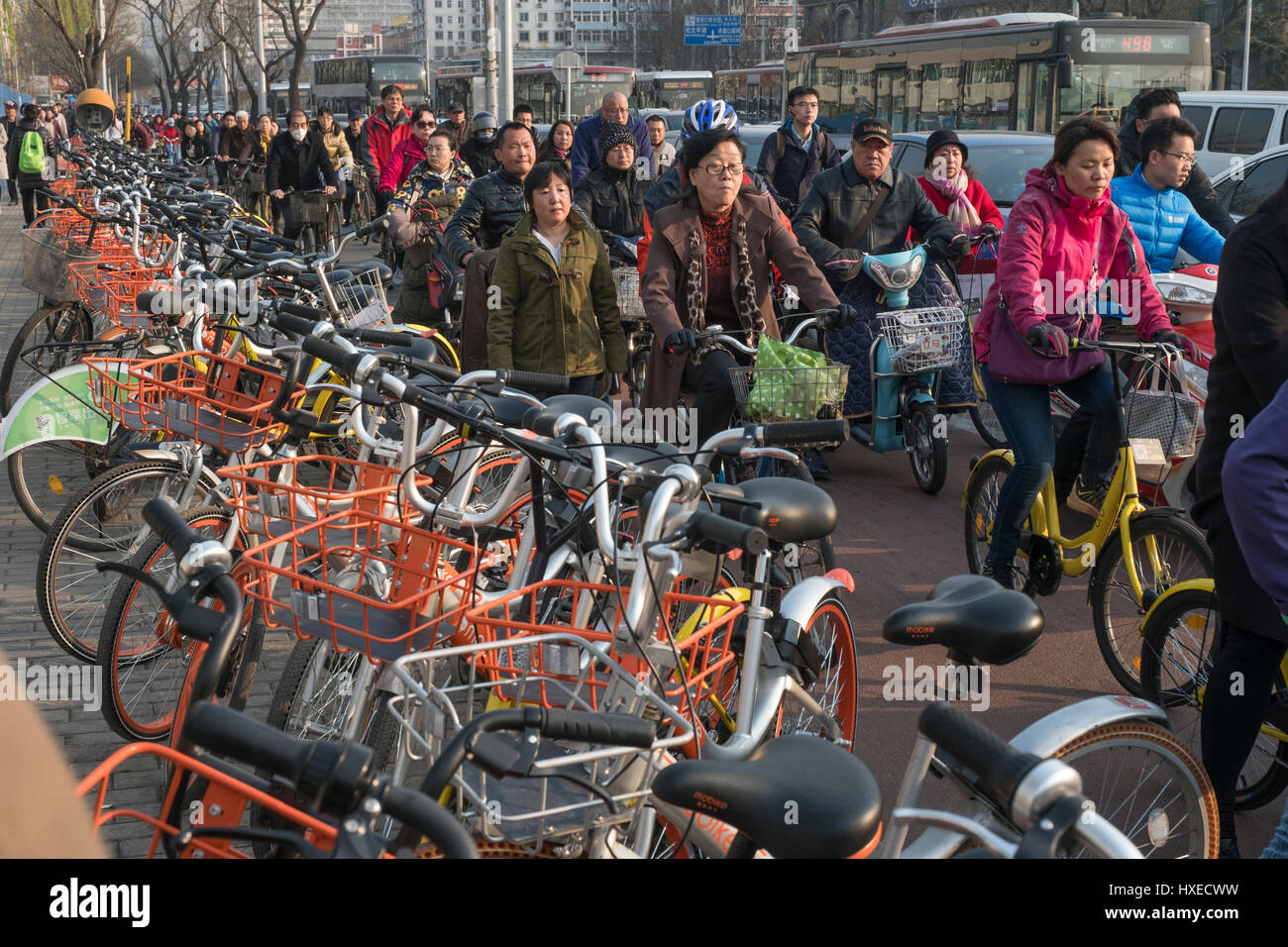 People ride bicycles in the early morning in Beijing, China. More and ...