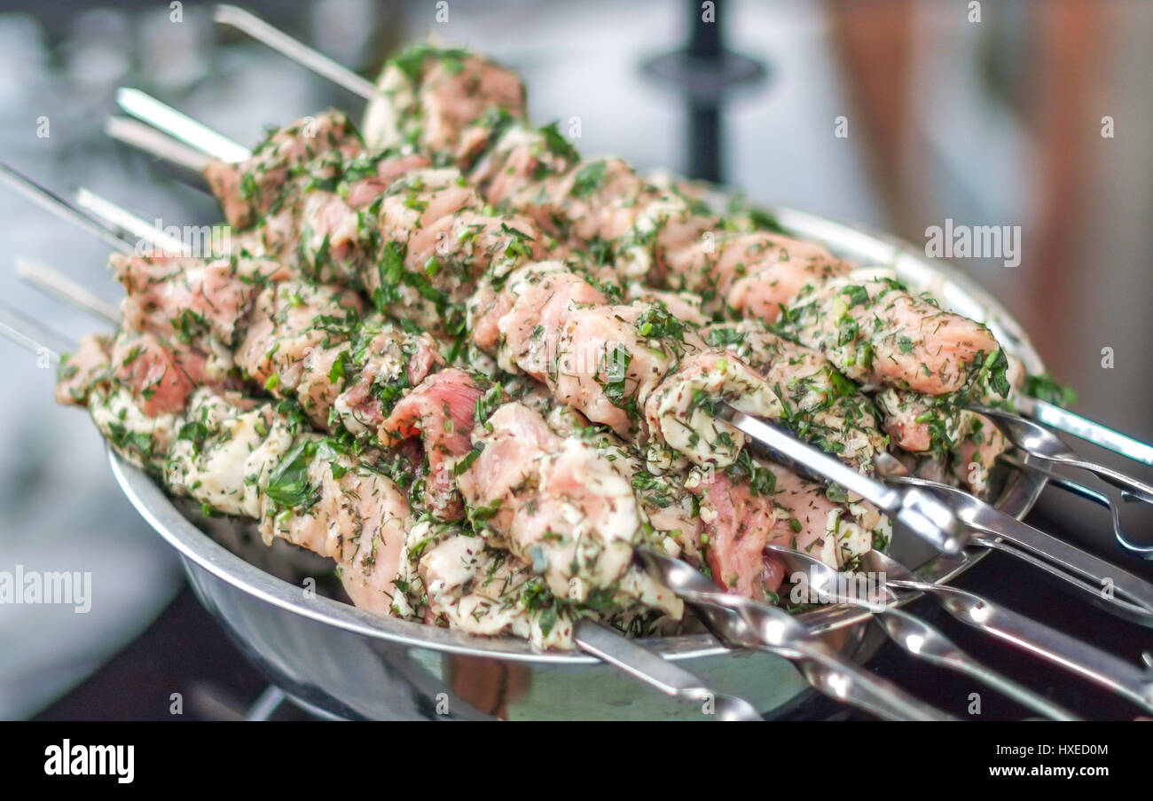 Day view of stack of kebab skewers Stock Photo - Alamy