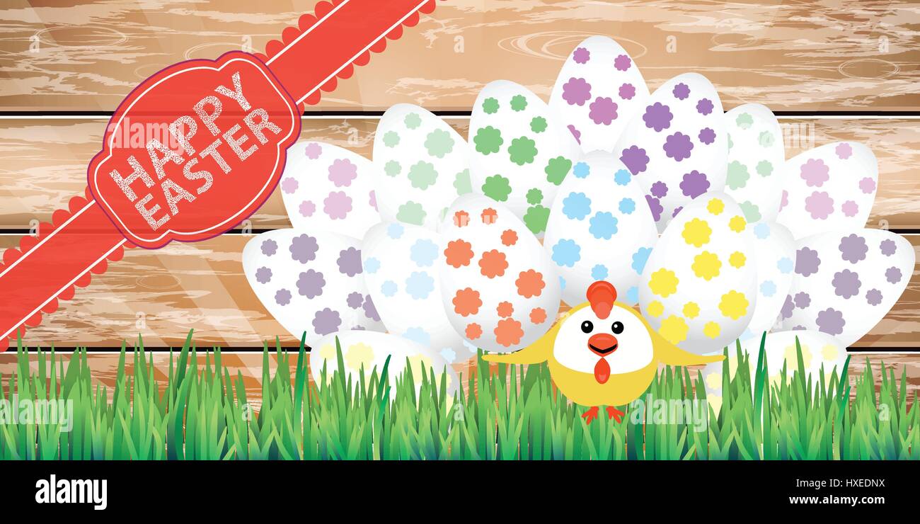 Happy easter chicken circus strongman many eggs on a wooden fence ...