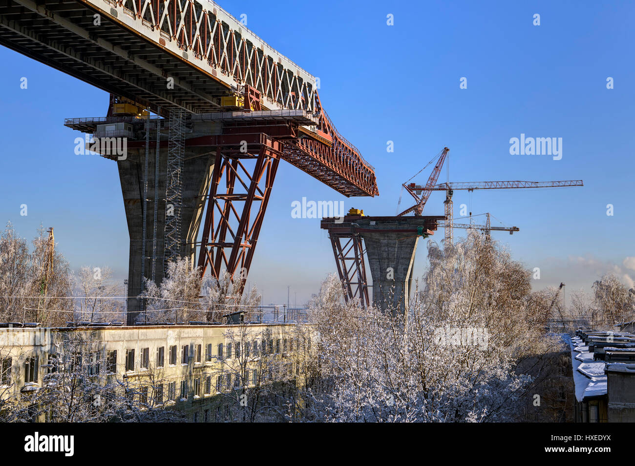 St.Petersburg, Russia - January 23, 2016: Two-level highway bridge ...