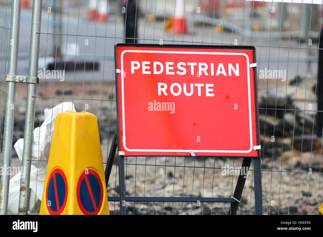 Pedestrian Route Roadworks Sign Stock Photo - Alamy