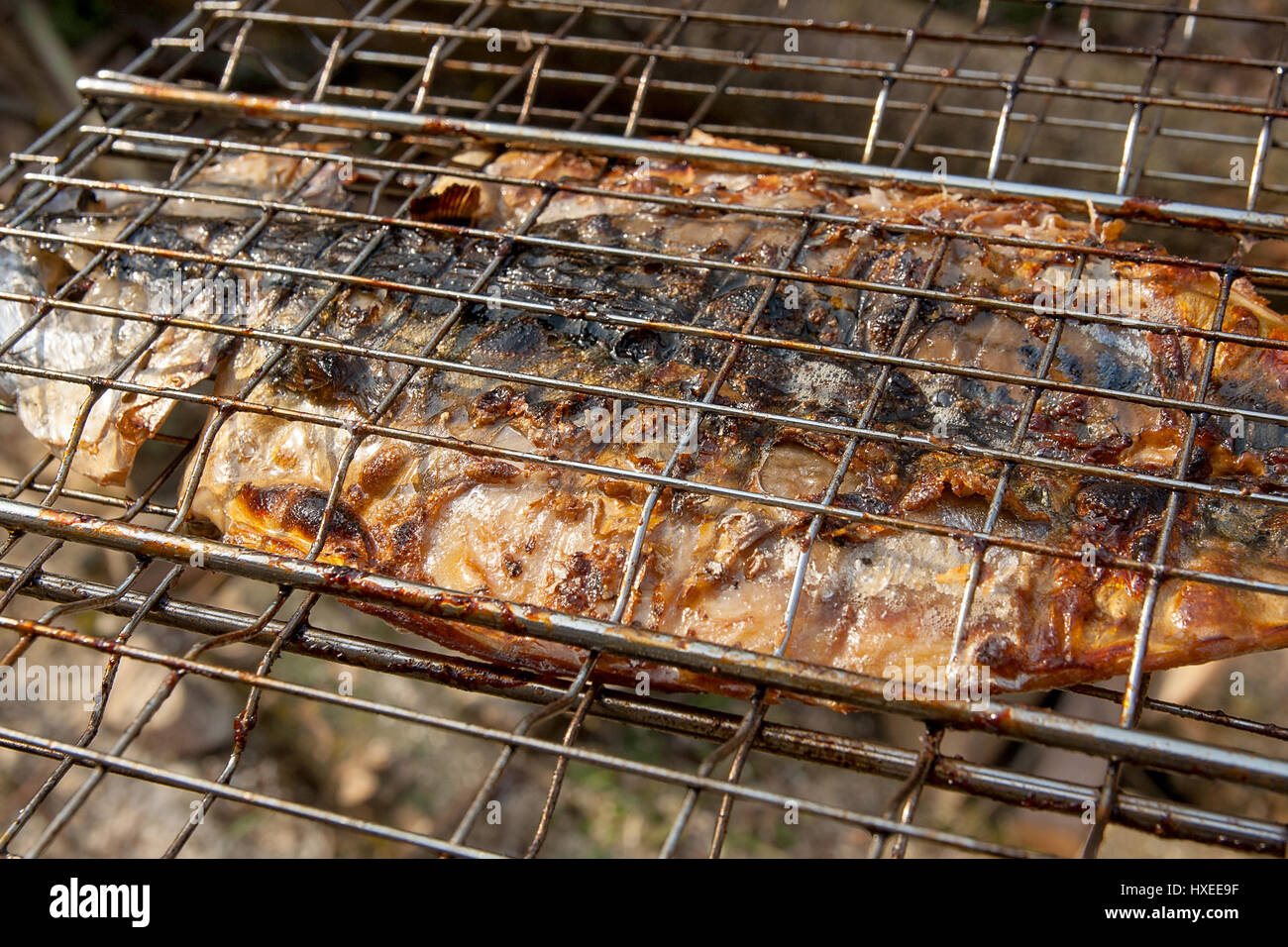 Fresh fish with sauce cooked on an open flame grill. Roasted fish with ...