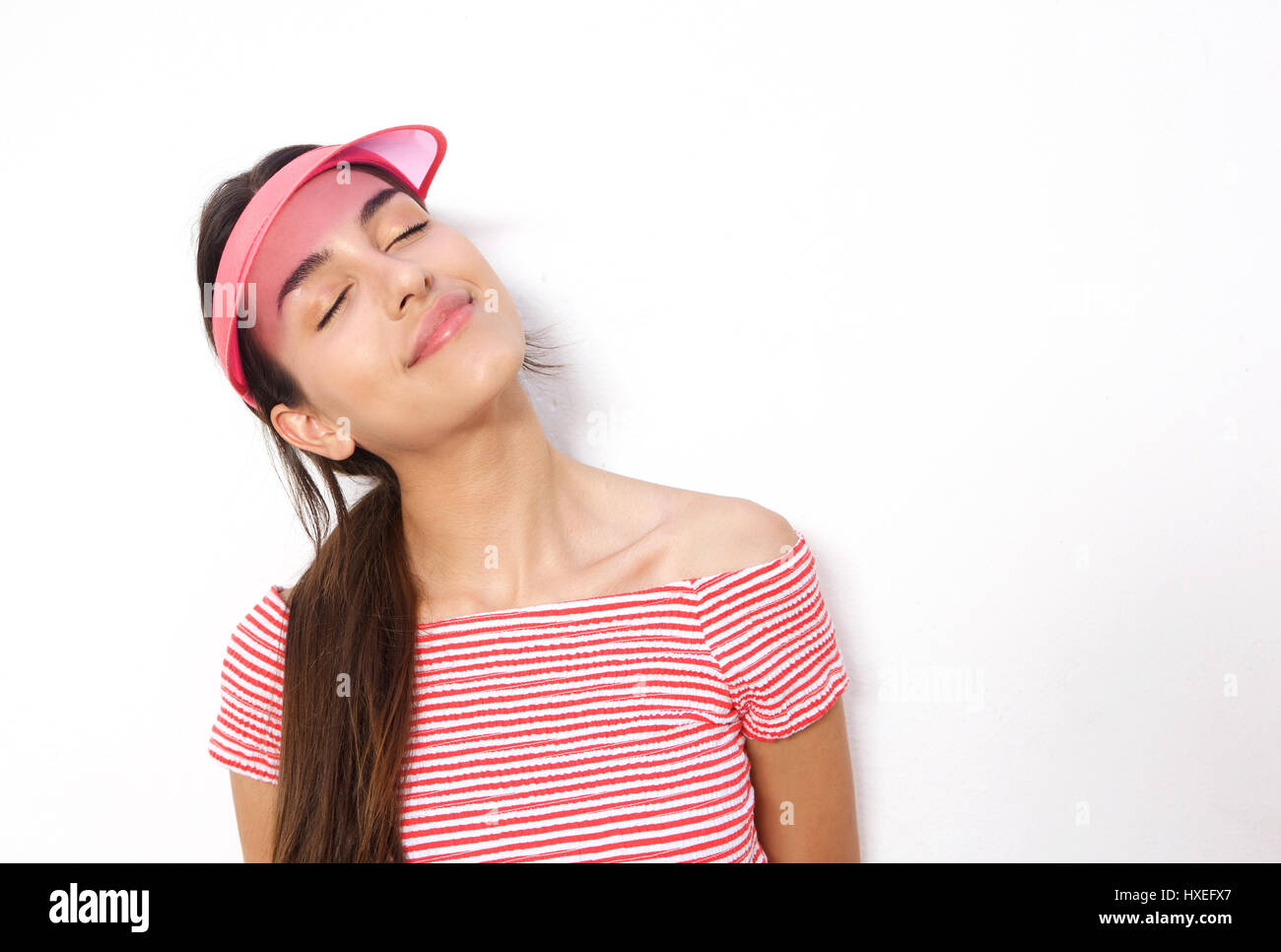 One woman eyes closed smiling daydream hi-res stock photography and ...